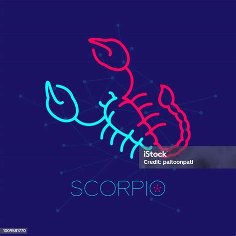 전갈 자리 조디악 별자리 로고 아이콘 개요 선 대시 선 디자인 그림 전갈 자리 텍스트와 복사 공간와 어두운 파란색 배경에 격리