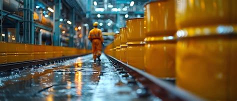 Ensuring Containment System Integrity Worker Inspects Drums At Chemical Storage Facility Concept