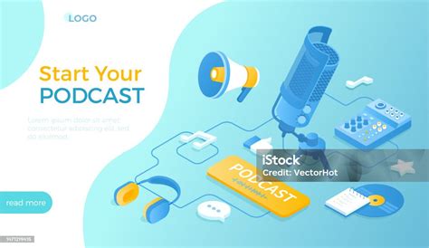 팟캐스트를 시작합니다 오디오 녹음 라이브 스트리밍 방송 팟캐스팅 장비 및 App 스탠드의 스튜디오 마이크 헤드폰 믹서 웹 사이트에 대 한 아이소 메트릭 벡터 그림입니다 3