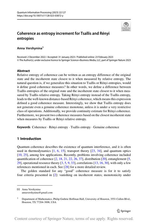 Coherence As Entropy Increment For Tsallis And Rényi Entropies Request Pdf