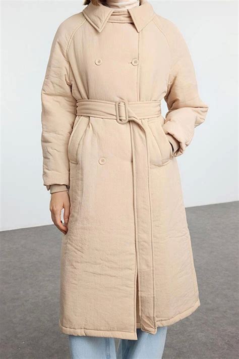 Kadın Moda Şık Regular Ceket Yaka Uzun Düz Astarlı Yakası Peluş Kemerli Su İtici Parka Şişme