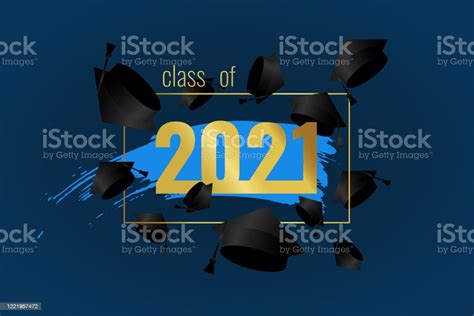 2021년 졸업 파란색 배경에 검은 색 교육 학술 모자를 던져 골드 번호 졸업 디자인 고등학교 대학 축 하 졸업 연감에 대 한 템플릿입니다 벡터 일러스트레이션 2021년에