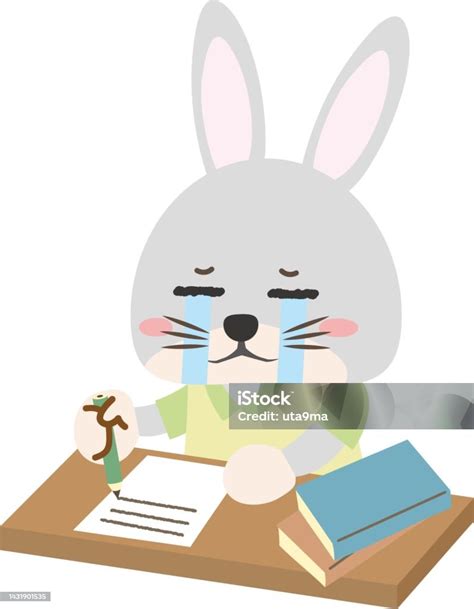 책상에서 글을 쓰면서 우는 토끼의 일러스트 레이 션 일러스트 자료 일러스트레이션에 대한 스톡 벡터 아트 및 기타 이미지 Istock