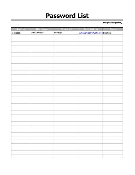Free Printable Password List Templates Excel Pdf Alphabetical