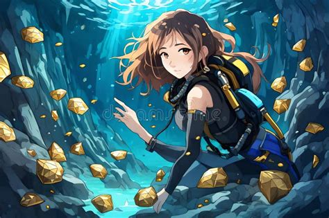Young Anime Girl Diving Exploring Treasure Filled Cave Stock