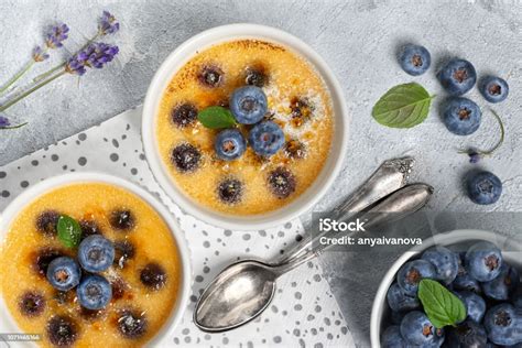 블루베리와 라벤더 크림 Brulee 빛 콘크리트 바탕에 설탕 가루 갈색에 대한 스톡 사진 및 기타 이미지 갈색 냅킨