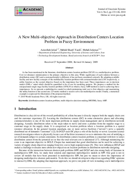 Pdf A New Multi Objective Approach In Distribution Centers Location Problem In Fuzzy Environment
