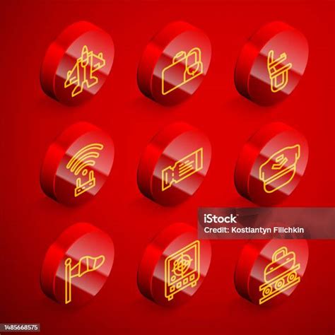 라인 제트 전투기 여행 가방 비행기 좌석 라우터 및 Wifi 신호 항공권 파일럿 모자 원뿔 기상학 바람막이 및 레이더를 표적 모니터 아이콘으로 설정하십시오 벡터 3차원