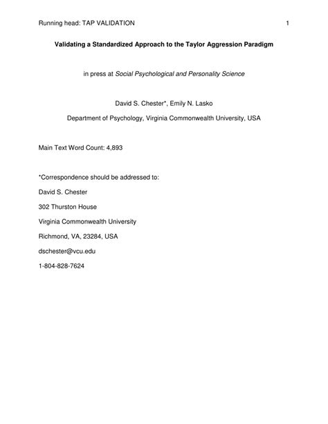 Pdf Validating A Standardized Approach To The Taylor Aggression Paradigm