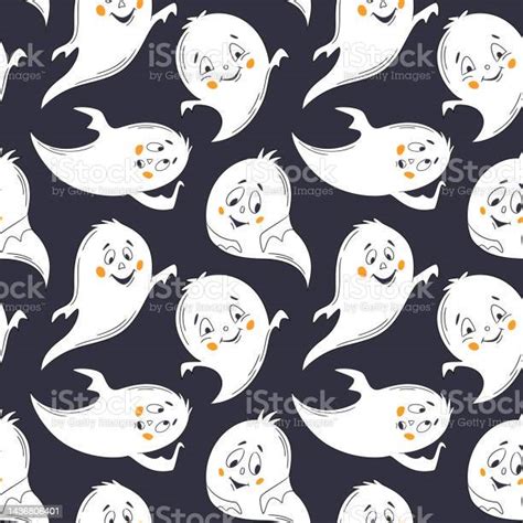 어두운 배경에 재미있는 유령과 원활한 할로윈 패턴 우테 손으로 그린 유령 스크랩북 디지털 용지 섬유 인쇄 페이지 채우기 벡터 일러스트 레이 션 10월에 대한 스톡 벡터 아트