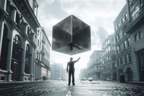 Businessman Touching Shiny Cube In Abstract 3d Rendering Premium Ai Generated Image