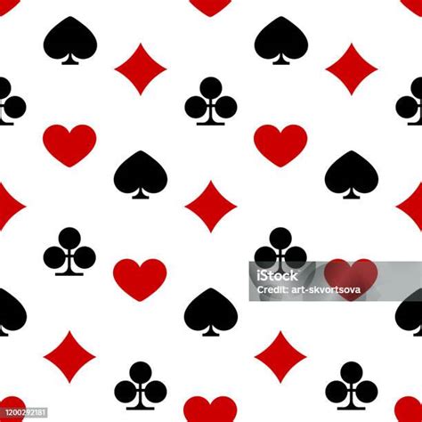 벡터 재생 카드 정장 원활한 패턴입니다 흰색 배경에 플랫 레드 하트와 타일과 검은 클로버와 파이크 기호 연속무늬에 대한 스톡 벡터 아트 및 기타 이미지 Istock
