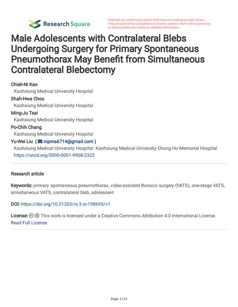 Pdf Male Adolescents With Contralateral Blebs Undergoing Surgery For Primary Spontaneous