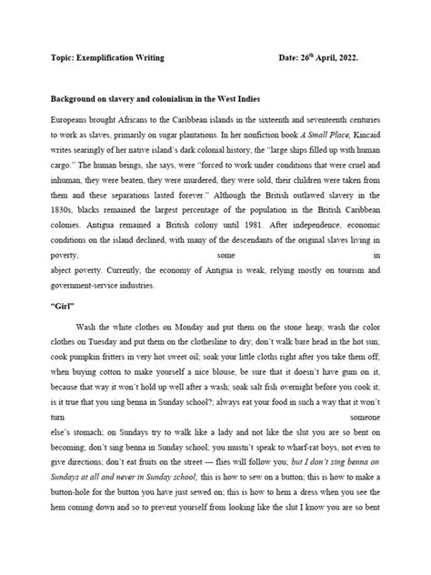 Exemplification Writing Pdf Slavery Caribbean