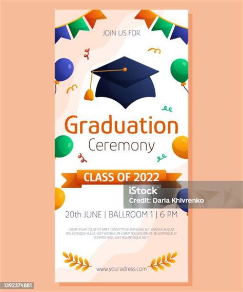 졸업식 모자 풍선 및 화환이있는 수직 배너 벡터 레이아웃 초대 템플릿입니다 학위 수여식 초대 학생 인사말 디자인 배너 표지판에