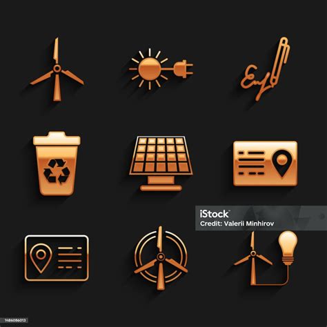 태양 에너지 패널 회전하는 풍력 터빈 전구 주소록 재활용 재활용 서명 및 바람 아이콘을 설정합니다 벡터 검은색에 대한 스톡 벡터 아트 및 기타 이미지 Istock