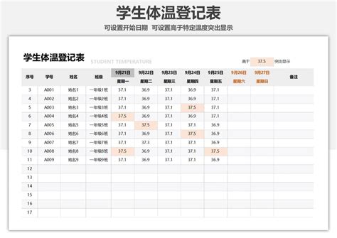 学生体温登记表 Excel模板 柚墨yomoer