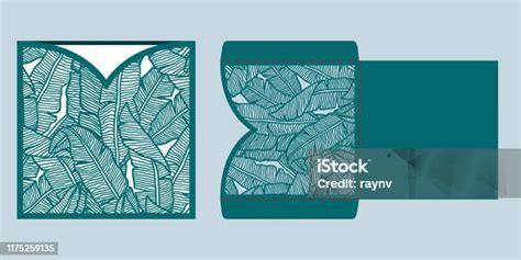 레이저 컷 웨딩 초대 포켓 봉투 템플릿 벡터입니다 바나나 잎의 열대 패턴다이 컷 종이 카드 열대 스타일의 절단을위한 인사말 카드 또는 초대 표지 템플릿 가리기에 대한 스톡