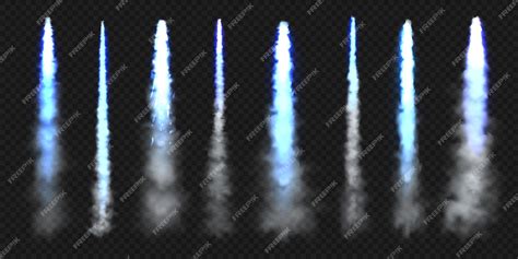 현실적인 푸른 공간 로켓 산책로 축제 불꽃놀이 발사 화재 버스트 폭발 미사일 또는 총알 흔적 제트 항공기 트랙 연기 구름 안개 증기 흐름 벡터 그림 프리미엄 벡터