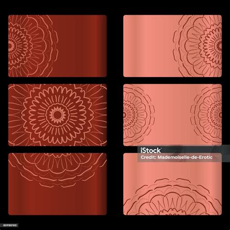6 명함 추상적인 꽃 만다라 디자인의 Ll1386set 오리엔탈 꽃 패턴입니다 벡터 일러스트 레이 션 손이 그린된 만화경 배경 붉은 벽돌 색 0명에 대한 스톡 벡터 아트 및