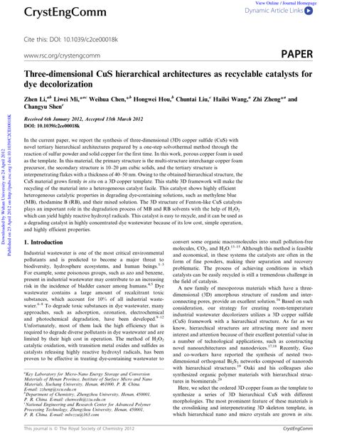 Pdf Three Dimensional Cus Hierarchical Architectures As Recyclable Catalysts For Dye