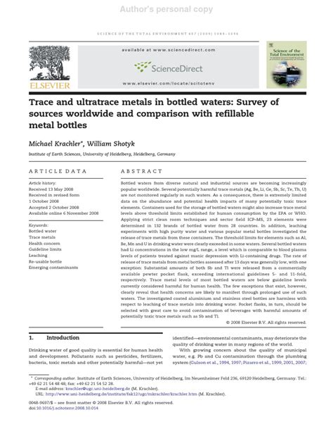 Trace And Ultratrace Metals In Bottled Waters Survey Of Pdf Bottled Water Water