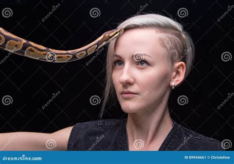 Portrait Of Blond Woman With Python Stock Image Image Of Woman Black