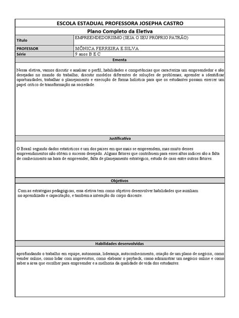 Modelo De Plano De Eletivas Josepha Pdf Empreendedorismo Plano De