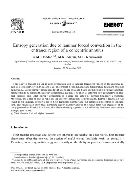 Pdf Entropy Generation Due To Laminar Forced Convection In The Entrance Region Of A Concentric