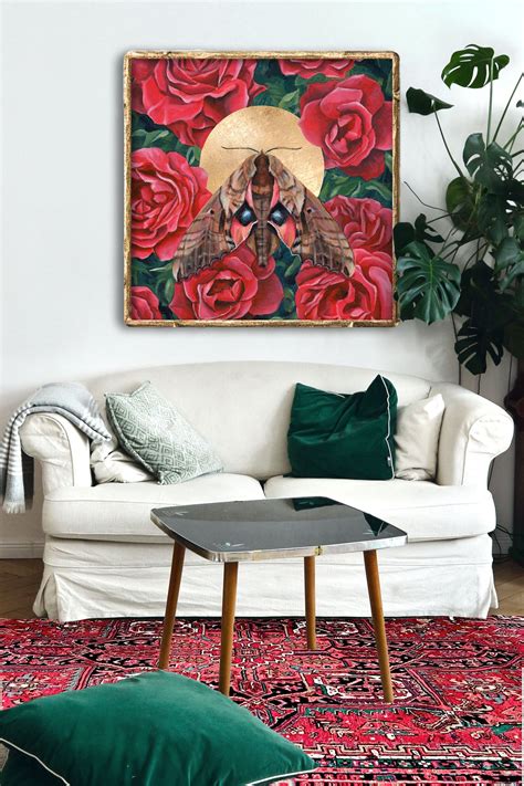 Blinded Sphinx Moth Art Print Moth And Red Roses Wall Art The Copper Wolf