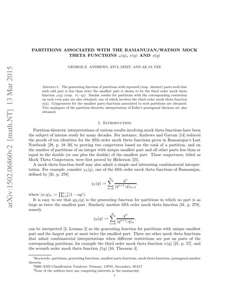 Pdf Partitions Associated With The Ramanujanwatson Mock Theta Functions Omegaq Nuq