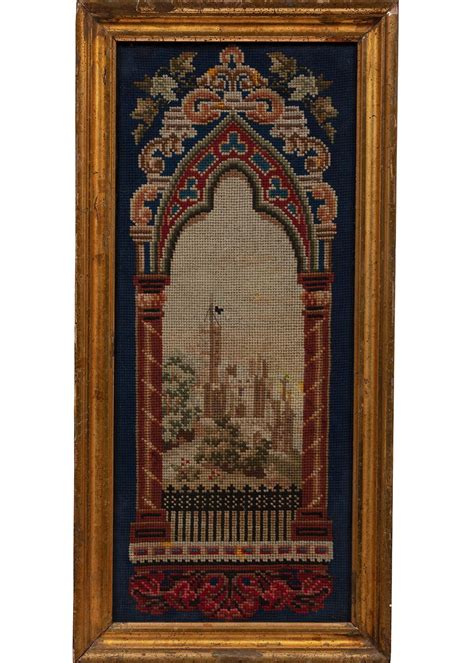 Lot Needlepoint Of A Lancet Window With Castle