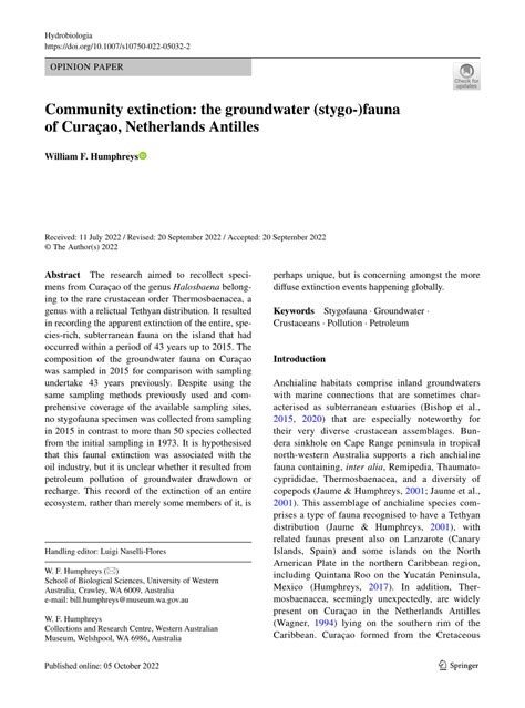 PDF Community extinction the groundwater stygo fauna of Curaçao Netherlands Antilles