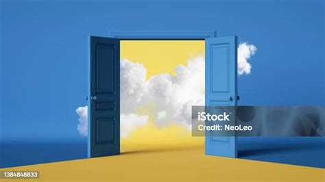 3d 렌더링 넓은 열린 파란색 이중 문 노란색 빛과 흰색 구름추상적 인 배경 현대 미니멀 씬 문에 대한 스톡 사진 및 기타 이미지 Istock