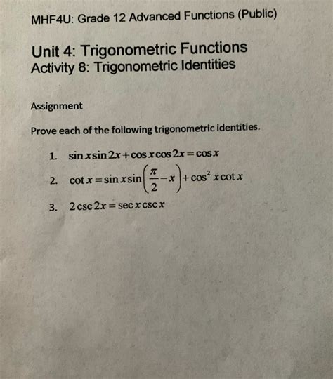 Solved Mhf4u Grade 12 Advanced Functions Public Unit 4