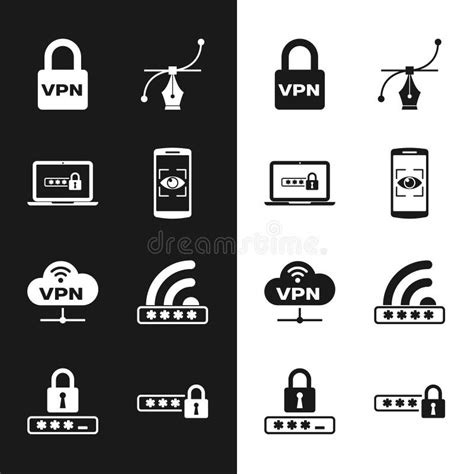 Set Mobile And Eye Scan Laptop With Password Lock VPN Bezier Curve Network Cloud Connection