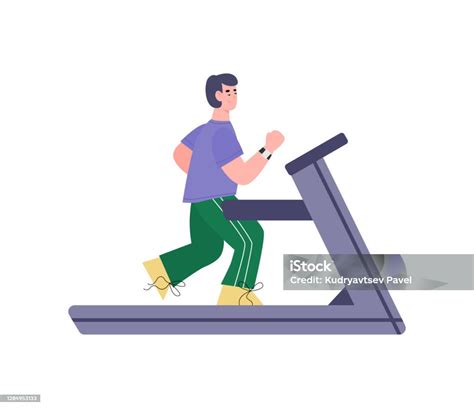 러닝 머신에 남자 캐릭터 훈련 플랫 만화 벡터 일러스트 고립 걷기에 대한 스톡 벡터 아트 및 기타 이미지 걷기 건강한 생활방식 남자 Istock