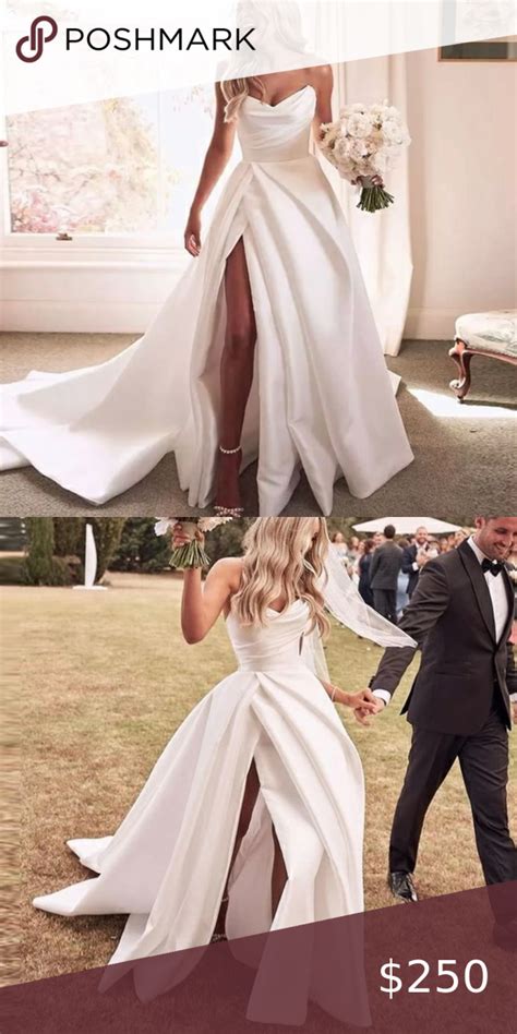 Strapless A Line Satin Leg Split Wedding Dress High Split Wedding