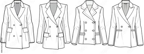 Women Longline Blazer Double Breasted Blazer Sets Fashion Illustration Vector Cad Technical