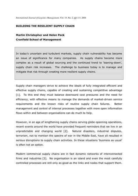Pdf Building The Resilient Supply Chain