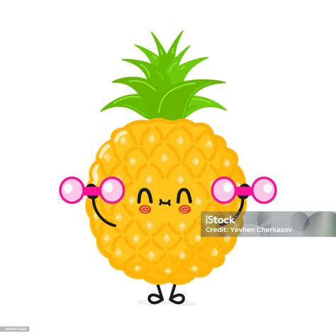 아령을 가진 귀여운 재미있는 파인애플 캐릭터 벡터 손으로 그린 만화 Kawaii 캐릭터 그림 아이콘입니다 흰색 배경에 격리