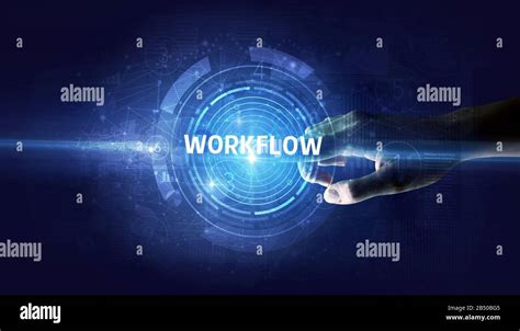 Hand Touching WORKFLOW Button Modern Business Technology Concept Stock
