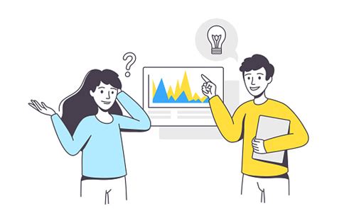 시작 개요 벡터 일러스트레이션으로 작업하는 그래프와 전구를 가진 남자와 여자 캐릭터와 비즈니스 프로젝트 물음표에 대한 스톡 벡터