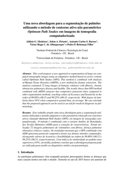 Pdf Uma Nova Abordagem Para A Segmentação De Pulmões Utilizando O Método De Contorno Ativo Não