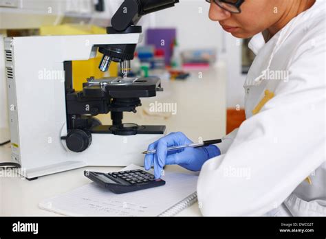 Female Scientist Using Calculator Stock Photo Alamy