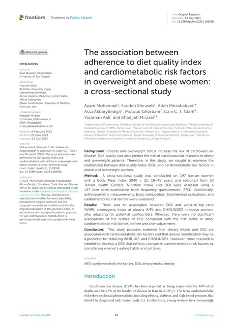 Pdf The Association Between Adherence To Diet Quality Index And Cardiometabolic Risk Factors