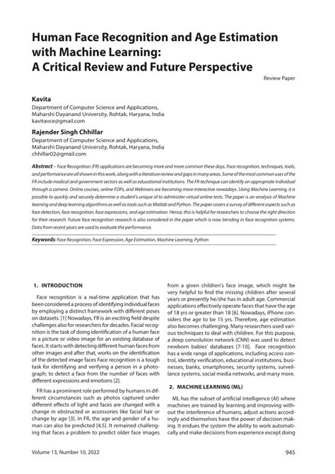 PDF Human Face Recognition And Age Estimation With Machine Learning A Critical Review And