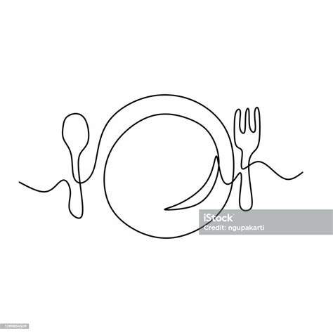 테이블에 손으로 그린 접시 숟가락과 포크의 연속 라인 그리기 흰색 배경 미니멀리즘 디자인에 고립 된 레스토랑 로고 창조적 인 상징저녁 식사 테마 벡터 일러스트레이션 낙서