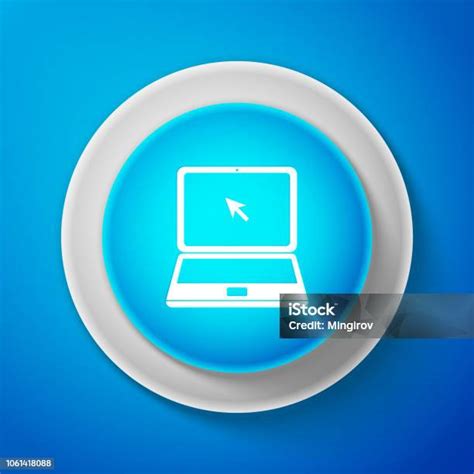 커서 아이콘이 파란색 배경에 고립 된 화이트 노트북 화이트 라인 블루 원형 버튼입니다 벡터 일러스트 레이 션 3차원 형태에 대한 스톡 벡터 아트 및 기타 이미지 Istock