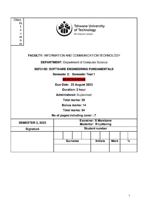Sef216d Software Engineering Fundamentals Semester Test 1 Memo 2023
